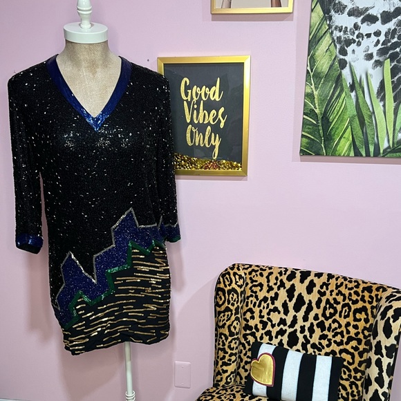 Vintage | Dresses | Vintage Sequin Evening Dress 8s Beaded Funky Design ...